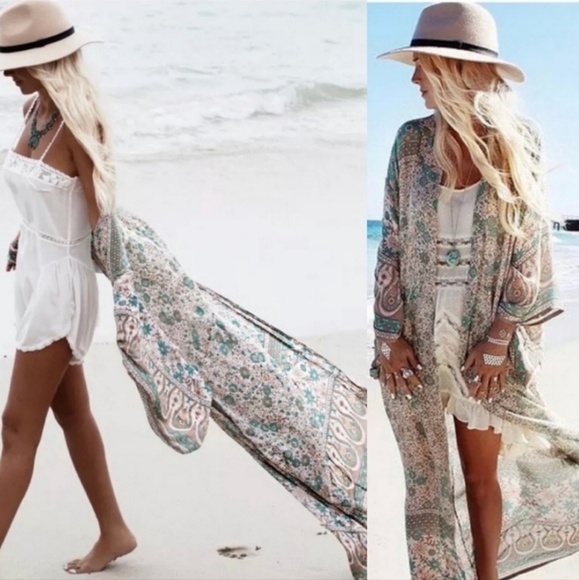 Dresses | New Boho Cottage Floral Maxi Kimono Duster Cover Up Green Tan ...